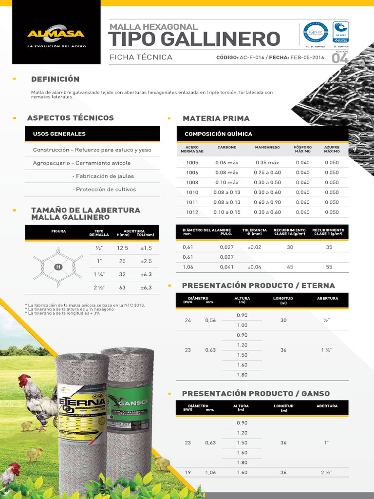 FT - Ficha Técnica Malla Hexagonal Tipo Gallinero | PDF