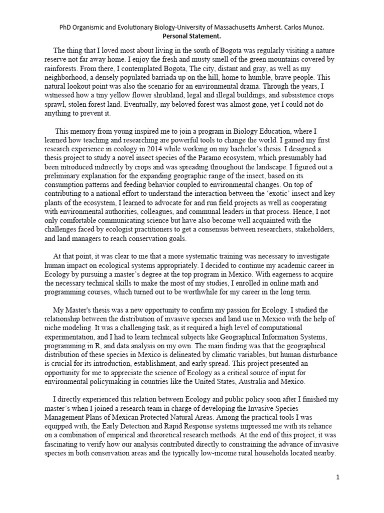 Personal Statement Massachusets | PDF | Ecology | Conservation Biology