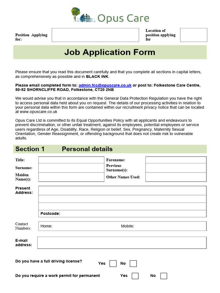 Opus Care Job Application Form FCC | PDF | Transsexual | Disability