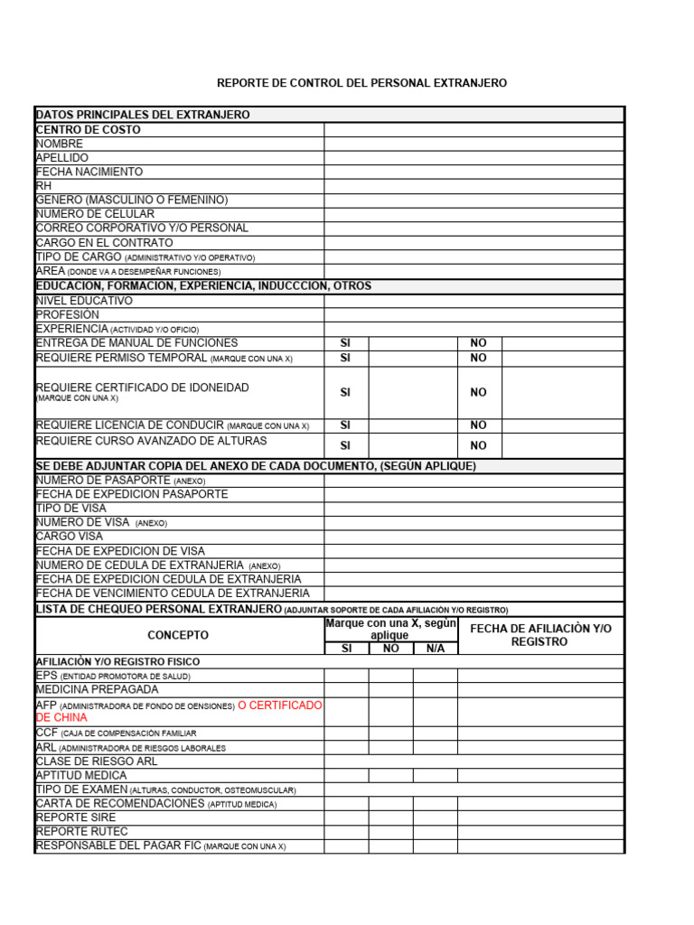 Lista de Chequeo Personal Extranjero | PDF