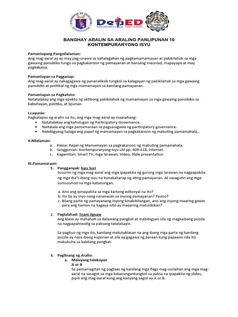 Banghay Aralin Sa Araling Panlipunan 10 Cot 2 20-21 | PDF