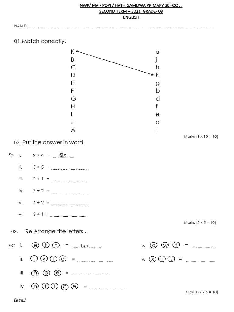 English Grade 3 Second Term Test 2021 5 | PDF