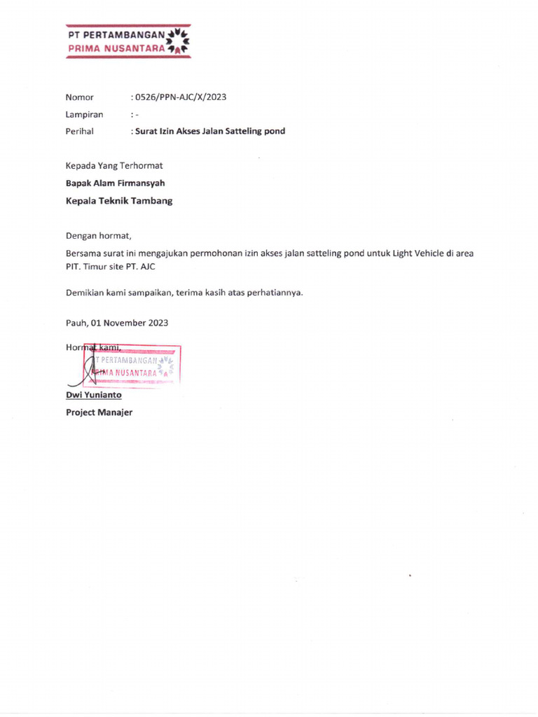 Surat Izin Akses Jalan Satteling Pond | PDF