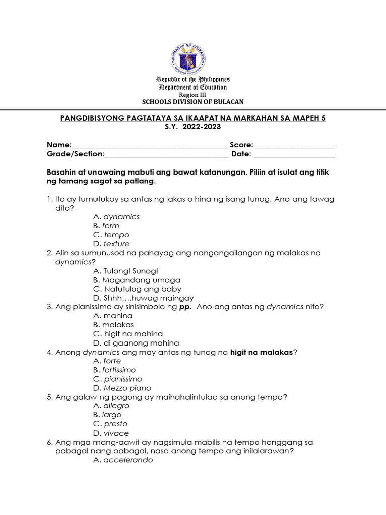 MAPEH 5 Assessment Tool | PDF