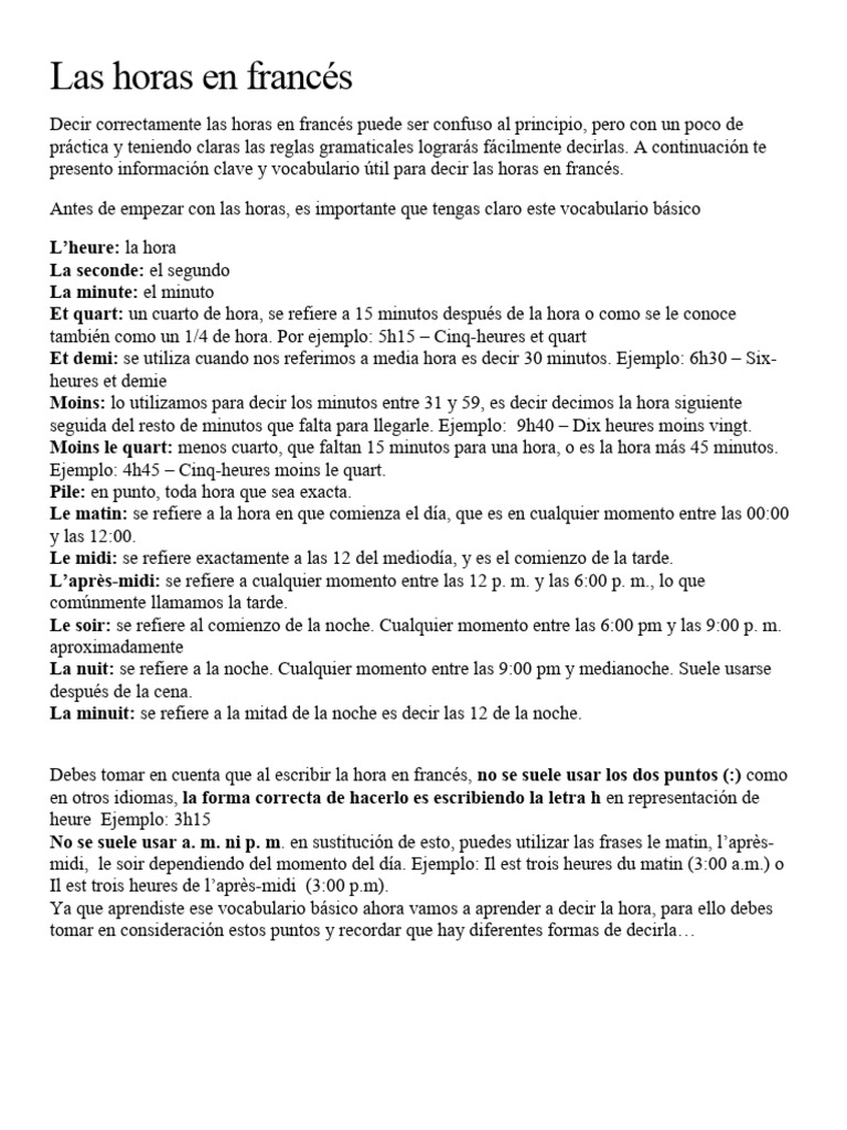 Cómo decir la hora en francés | PDF