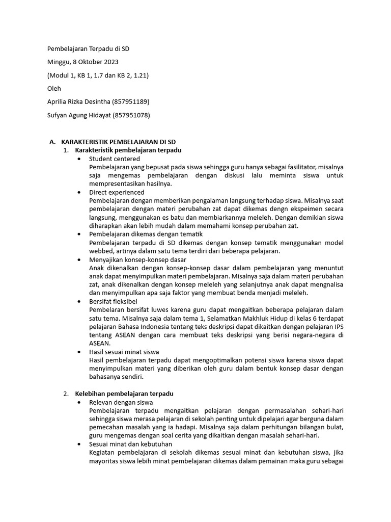Karakteristik Dan Model Pembelajaran Terpadu - Kelompok7 - Aprilia - Sufyan | PDF