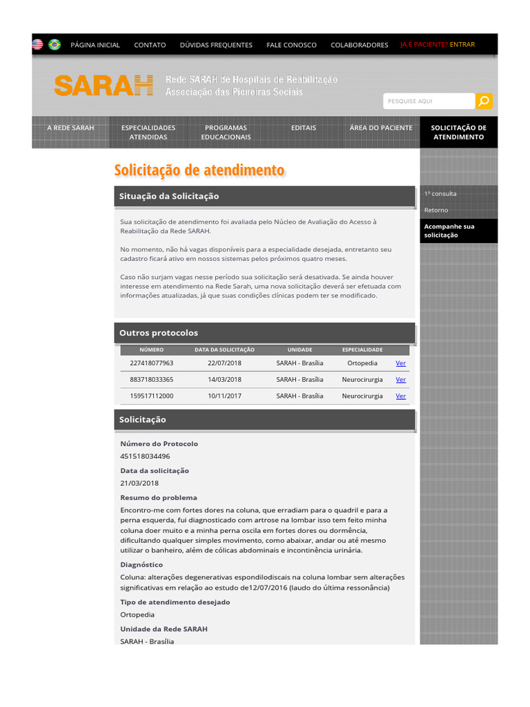 Solicitação de Atendimento na Rede Sarah | PDF | Neurocirurgia ...