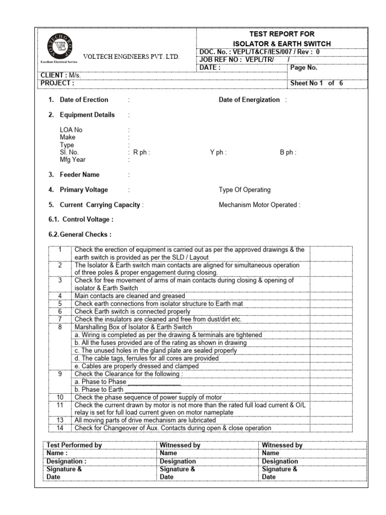 Isolator and Earth Switch Test Report | PDF | Switch | Electric Motor