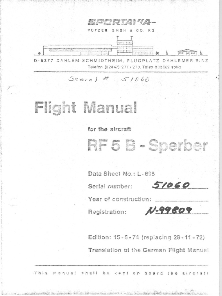 FOURNIER RF-5B - Sperber Flight Manual (English) | PDF | Manufactured Goods | Aeronautics