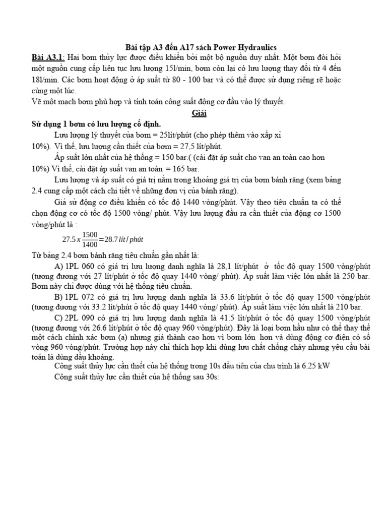 Bài tập A3 đến A17 sách Power Hydraulics | PDF
