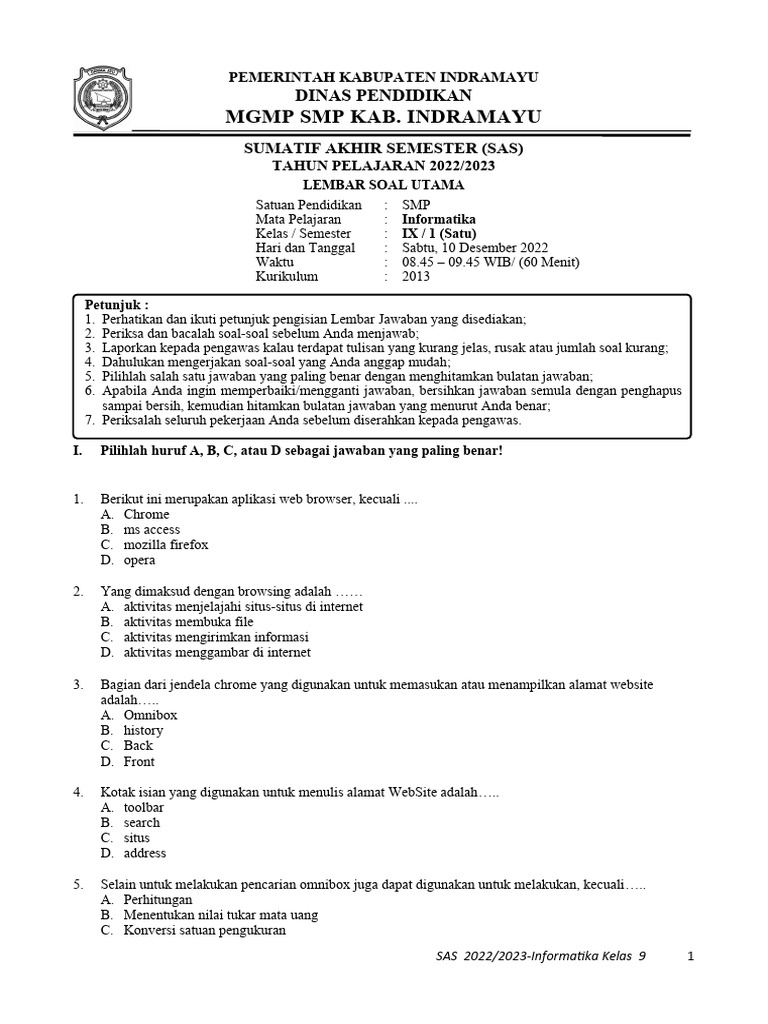 2 Soal UTAMA SAS Informatika Kelas 9 | PDF | Komputer