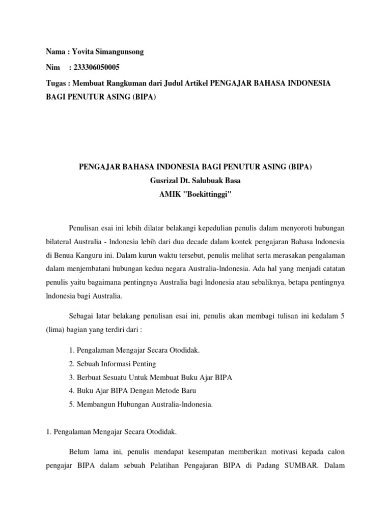 Membuat Rangkuman Dari Judul Artikel PENGAJAR BAHASA INDONESIA BAGI PENUTUR ASING (BIPA) | PDF