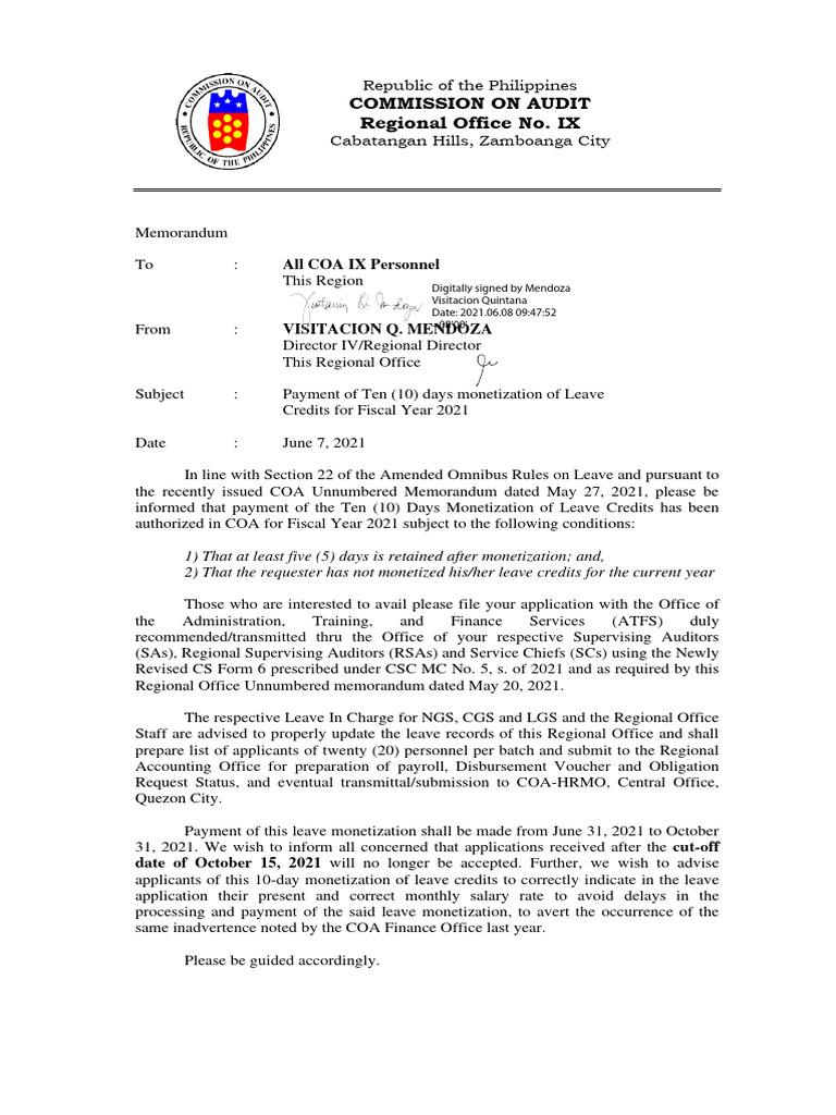 Memo Monetization of Leave Credits For Cy 2021.final - VQMSGD | PDF | Government | Business