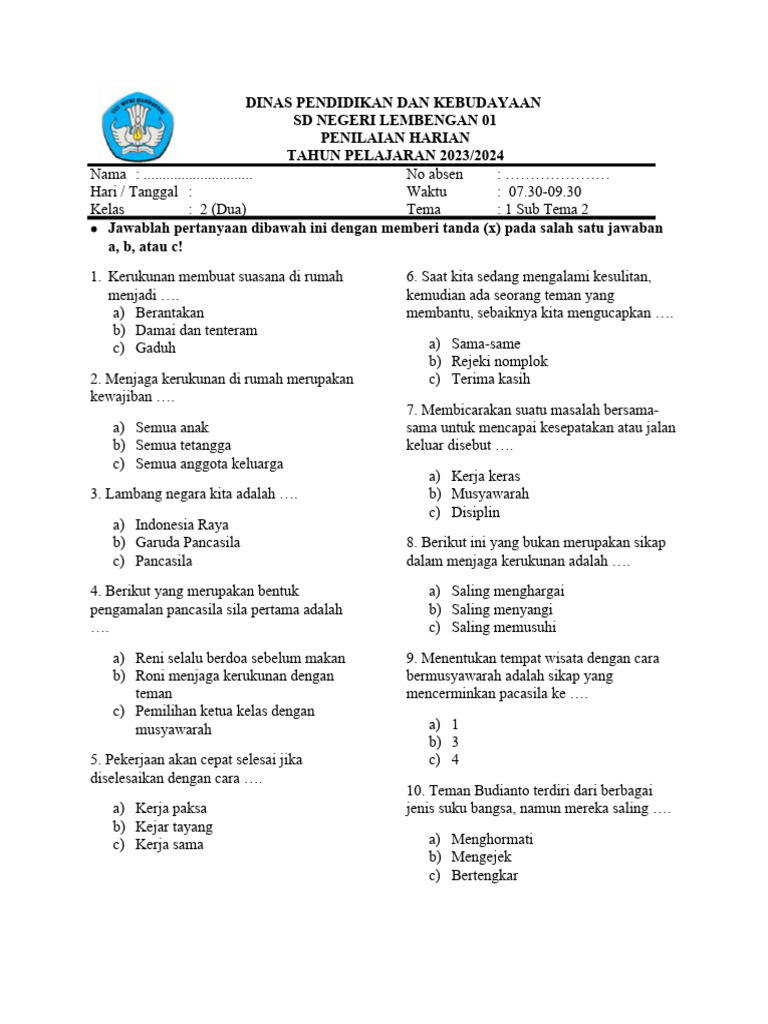 Soal PH Tema 1 Subtema 1 Mapel PPKN | PDF