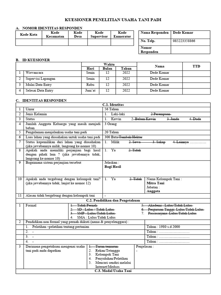 Kuesioner Penelitian Usaha Tani Padi | PDF