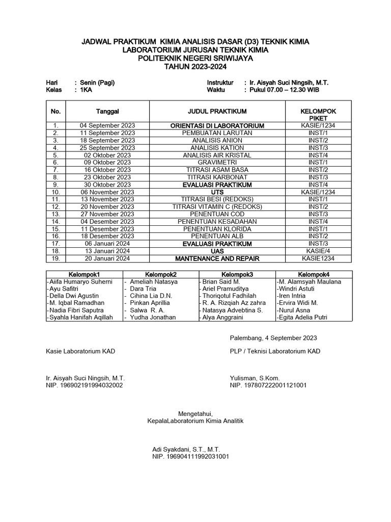 Jadwal Praktikum Kimia 2023-2024 | PDF