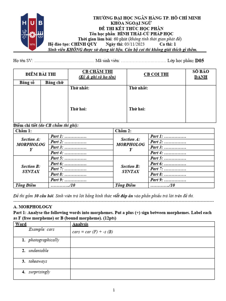 Morpho-Syntax 2023-Midterm D05 QUESTIONS | PDF