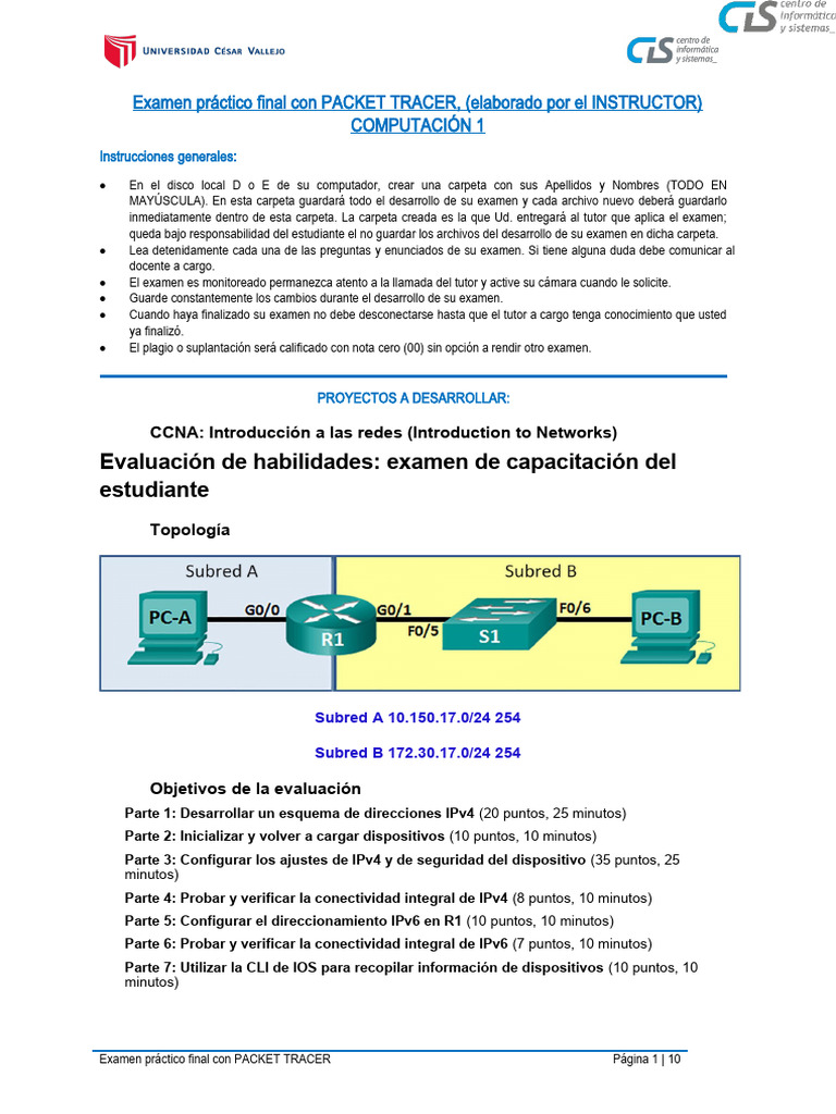 Examen Packet Tracer Computación 1 | PDF | Dirección IP | Informática