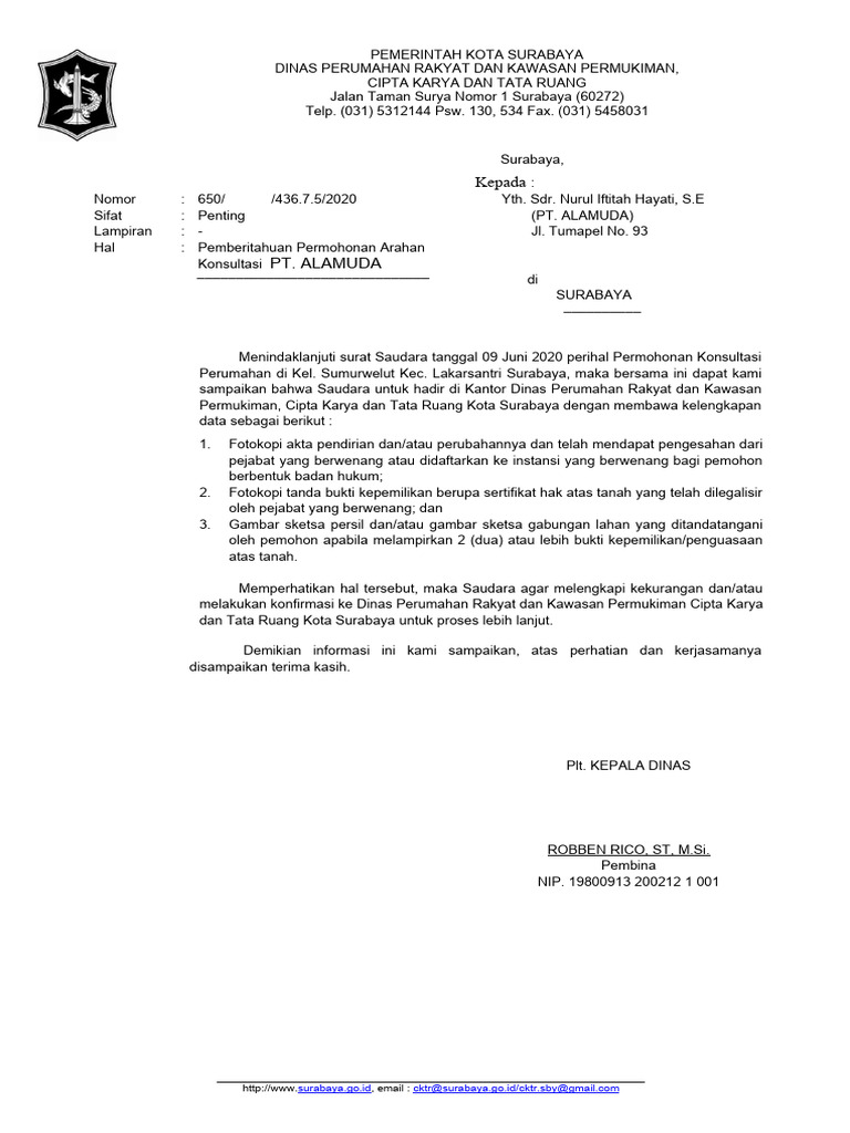 Surat Pengembalian Konsultasi PT. ALAM MUDA | PDF