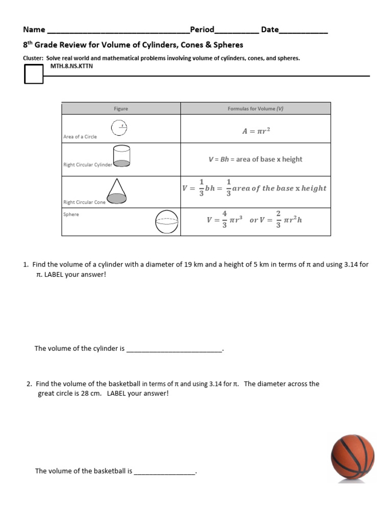Review For Volume of Cylinders Cones Spheres | PDF | Volume | Area