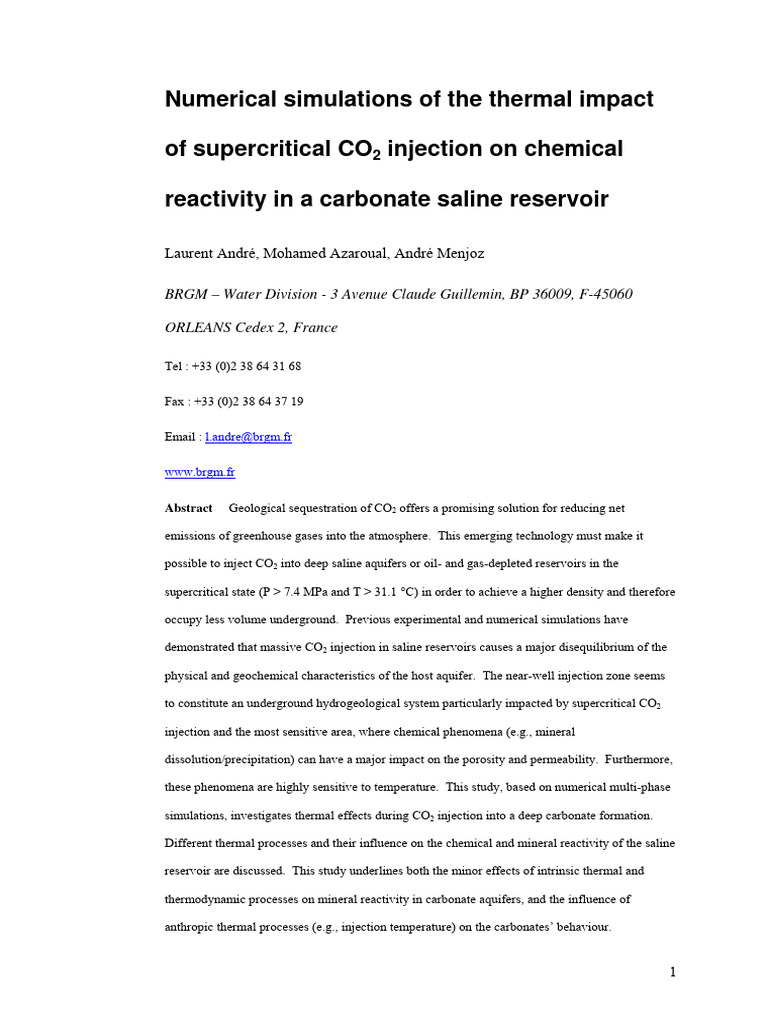 Numerical Simulations Of The Thermal Impact Of Supercritical Co2 Injection On Chemical