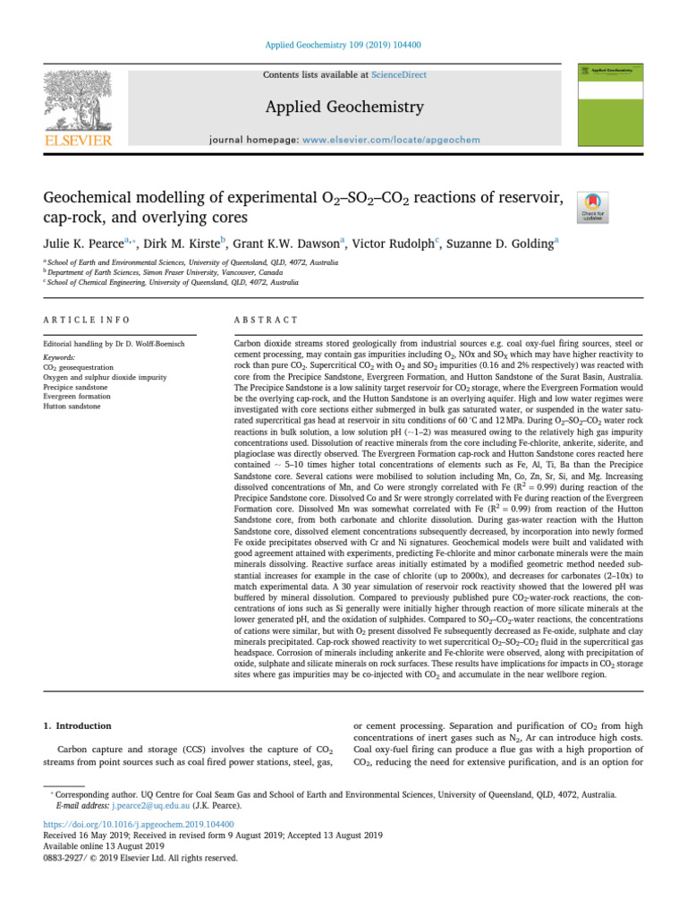Geochemical Modelling of Eperimental O2 SO2 CO2 Reactions of Reservoir ...