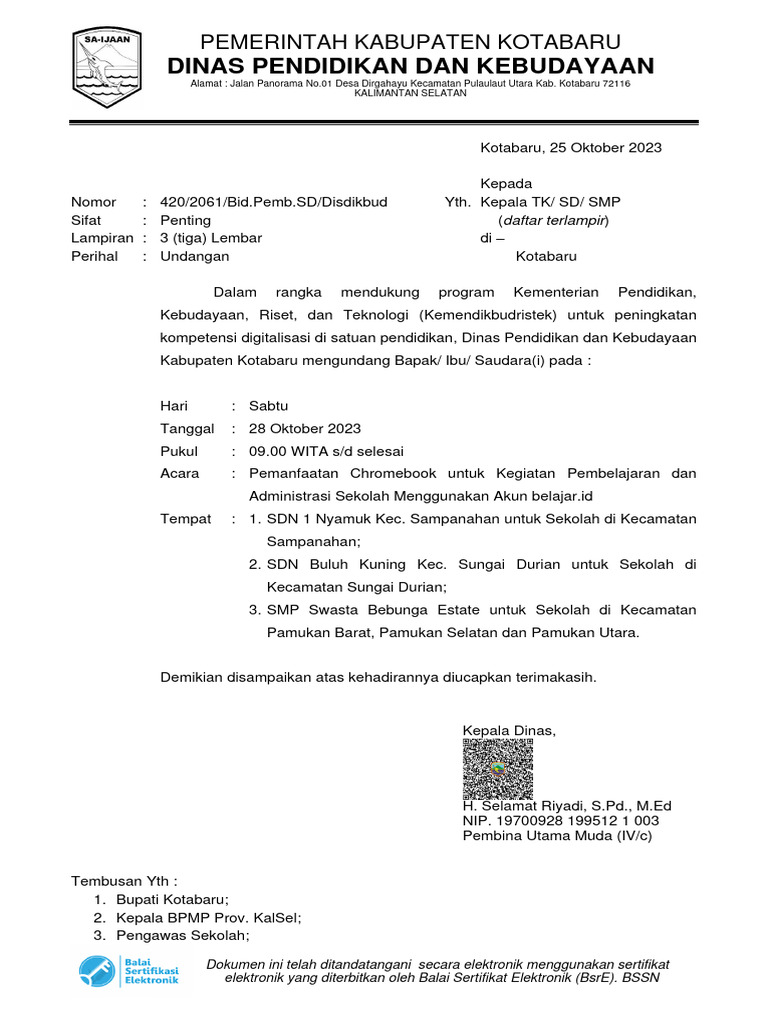 Surat Undangan Pemanfaatan Chromebook 3 Kecamatan - Signed | PDF
