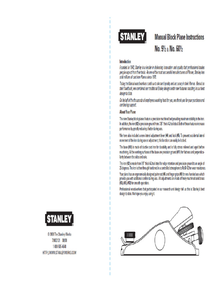 Manual Block Plane Instructions No. 9 1 2 &no. 60 1 2 Stanley | PDF