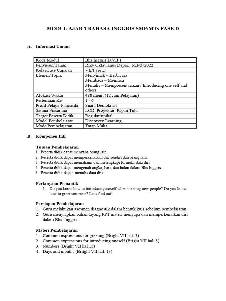 BAB 1 - MODUL AJAR BRIGHT SMP GRADE VII | PDF | Karier & Perkembangan