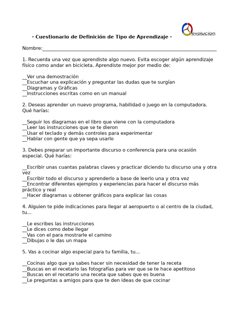 Cuestionario de Tipo de Aprendizaje | PDF | Aprendizaje