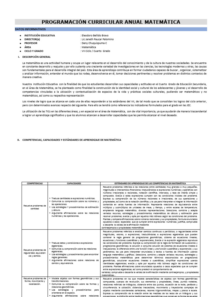 Programacion Anual Cuarto Grado 2023 | PDF | Ecuaciones | Geometría