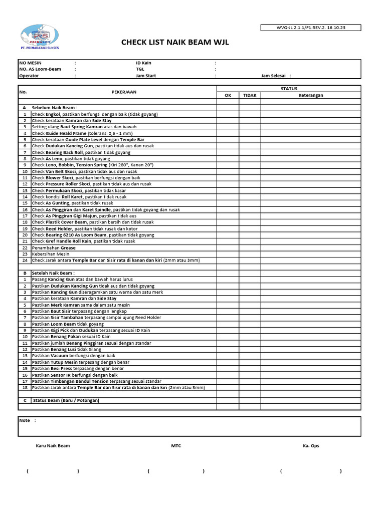Checklist Naik Beam WJL | PDF