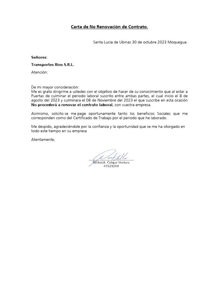 Carta Para Renovar Contrato De Arrendamiento