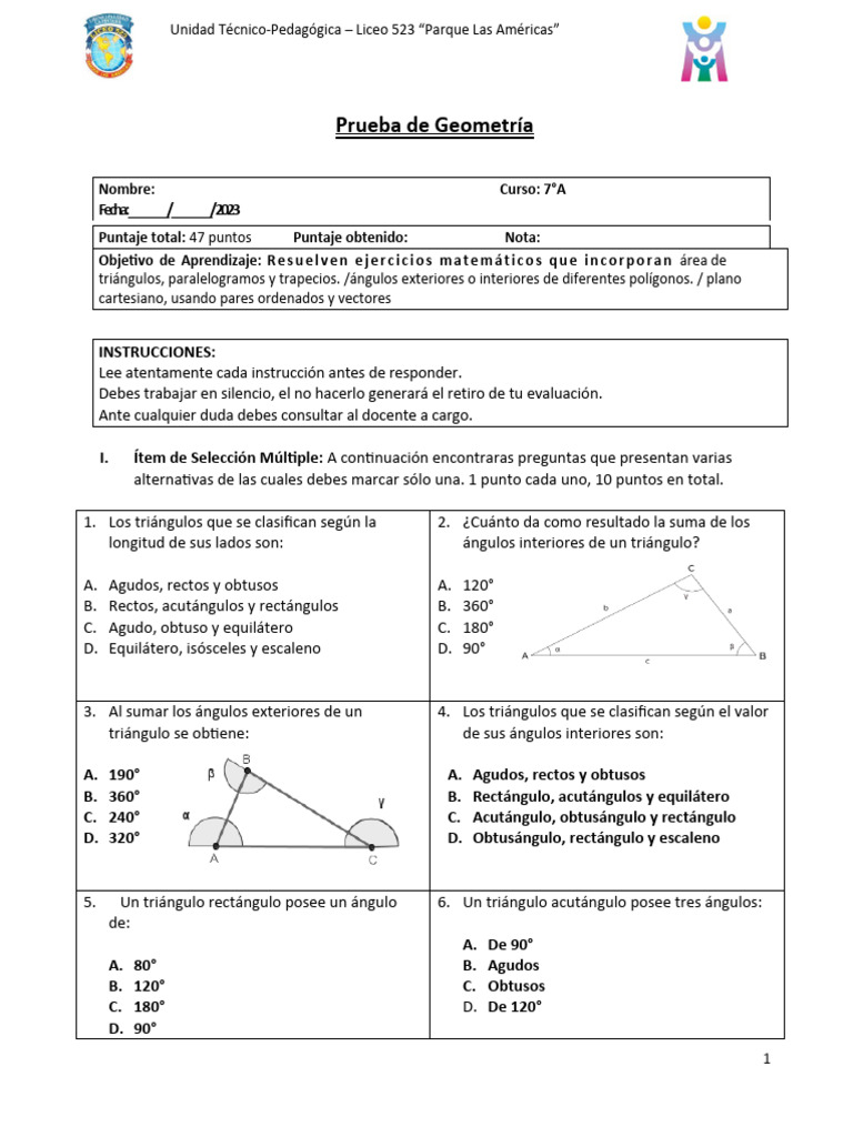 PRUEBA DE GEOMETRÍA_7°_BÁSICO_OCTUBRE | PDF | Triángulo | Ángulo