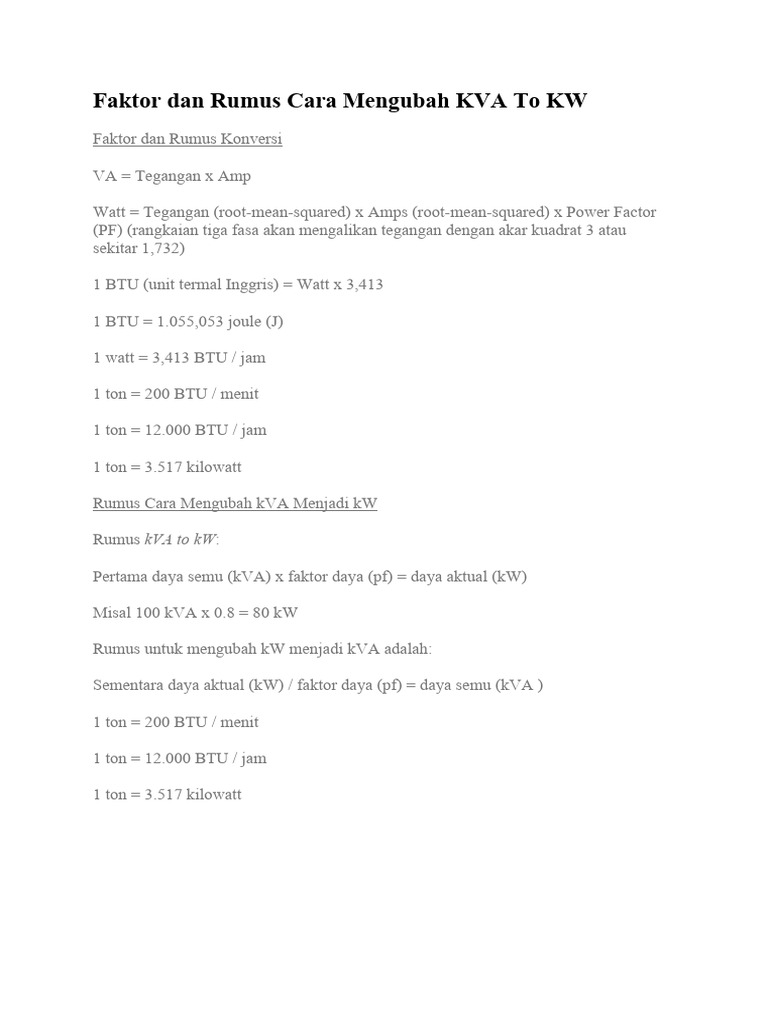Faktor Dan Rumus Cara Mengubah KVA To KW | PDF | Sains & Matematika