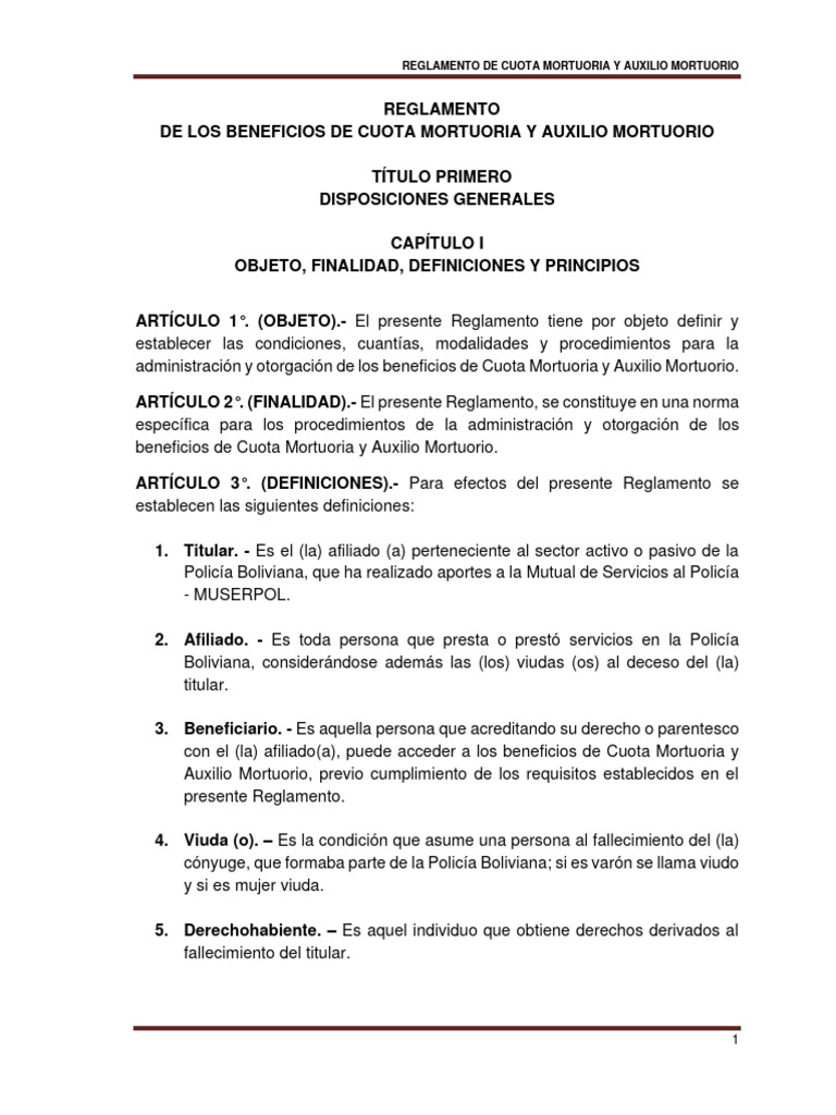 Ultimo Reglamento de Los Beneficios Cuota y Auxilio Mortuorio PDF 1 ...