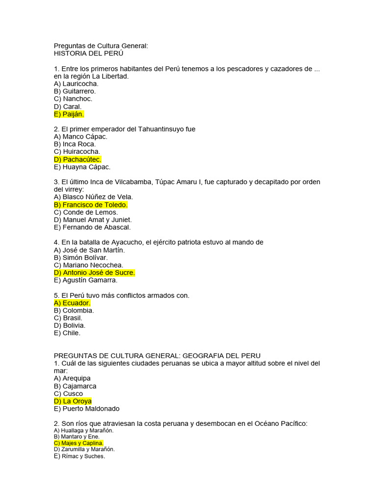 Preguntas de Cultura General | PDF | Perú | Imperio Inca