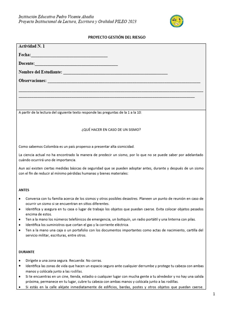 Actividad Pileo Proyecto Gestion Riesgo | PDF | Temblores