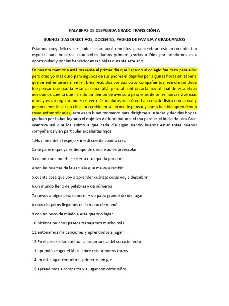 Palabras de Despedida Transicion A | PDF