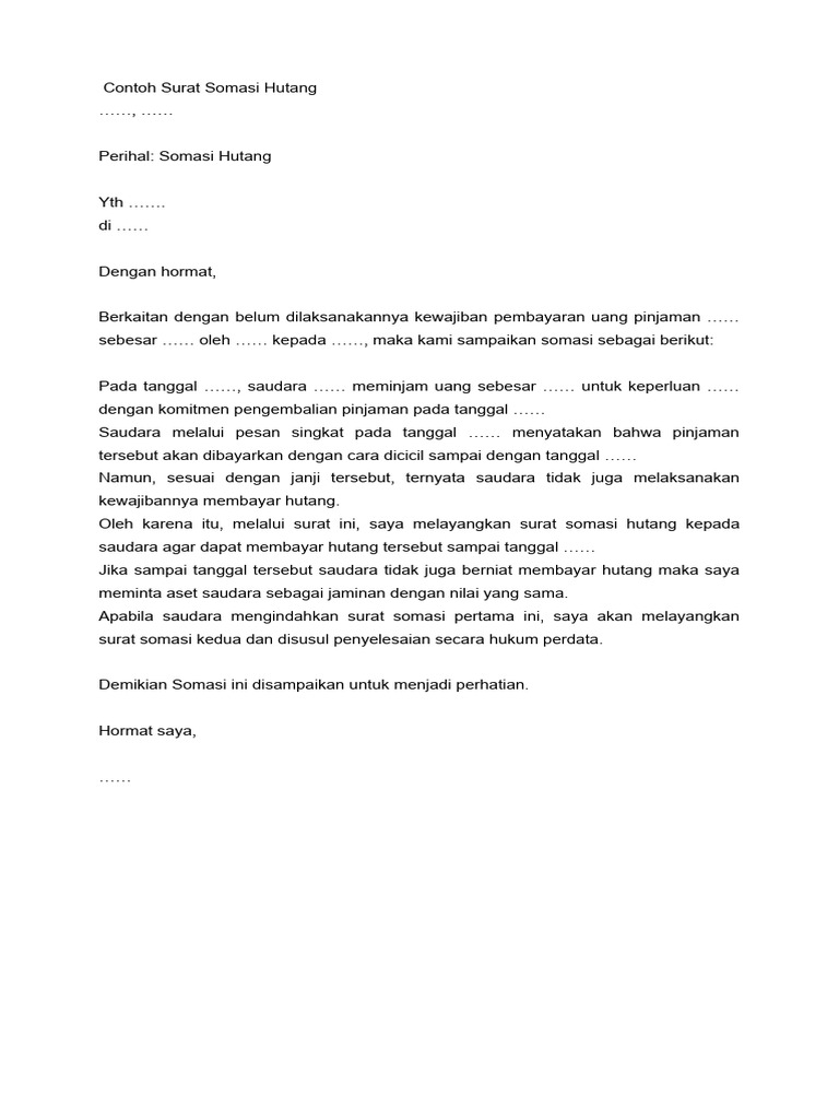Contoh Surat Somasi Hutang | PDF