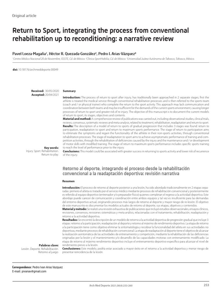 Return To Sport, Integrating The Process From Conventional Rehabilitation Up To Reconditioning ...