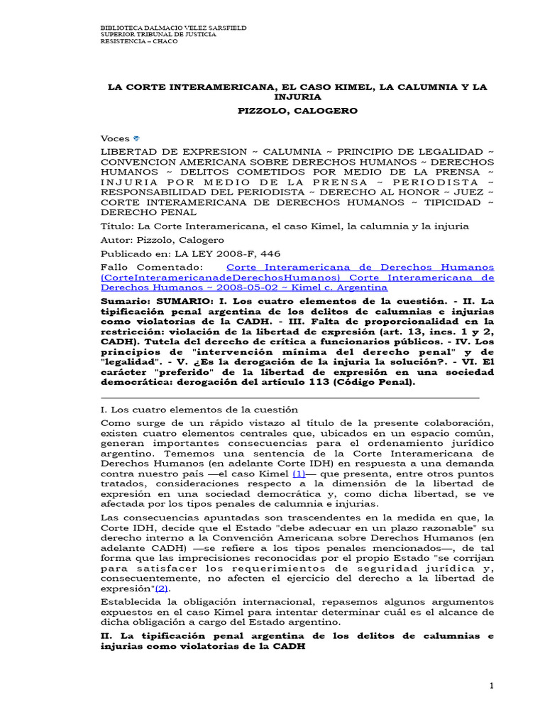 PIZZOLO, Callogero - La Corte Interamericana, El Caso Kimel, La Calumnia y La Injuria | PDF ...