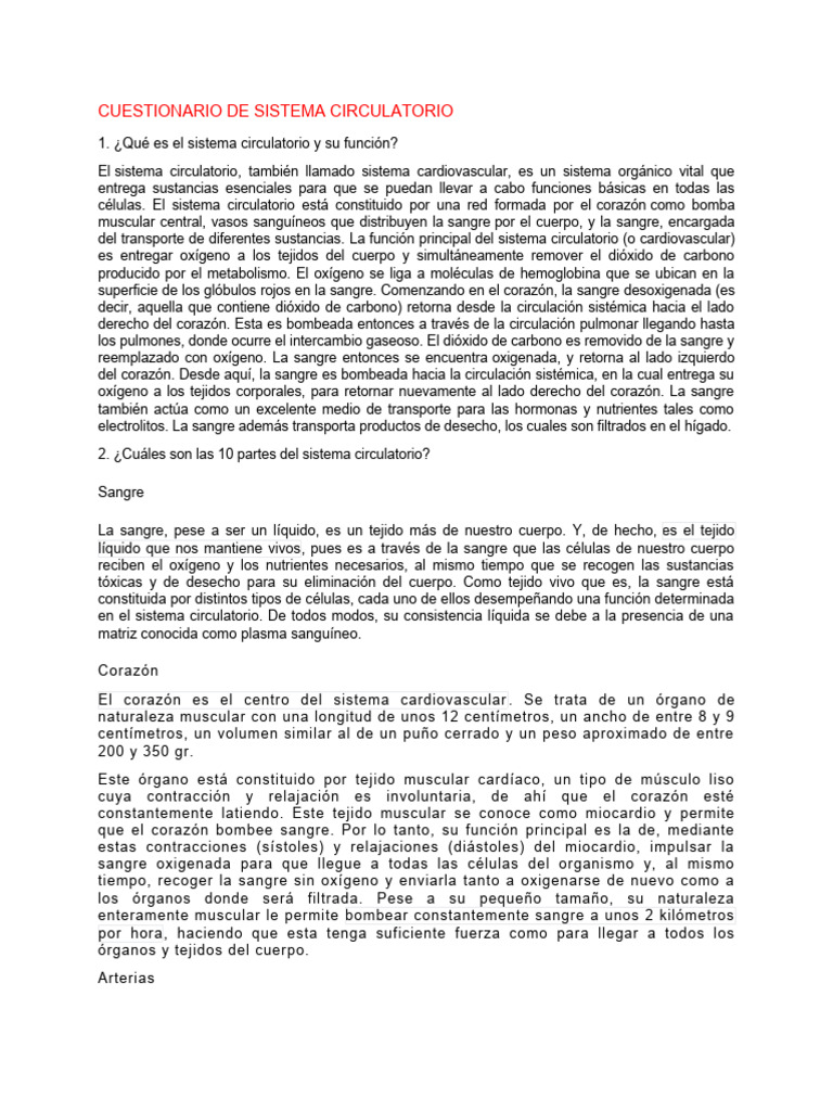 10 Preguntas Del Sistema Circulatorio