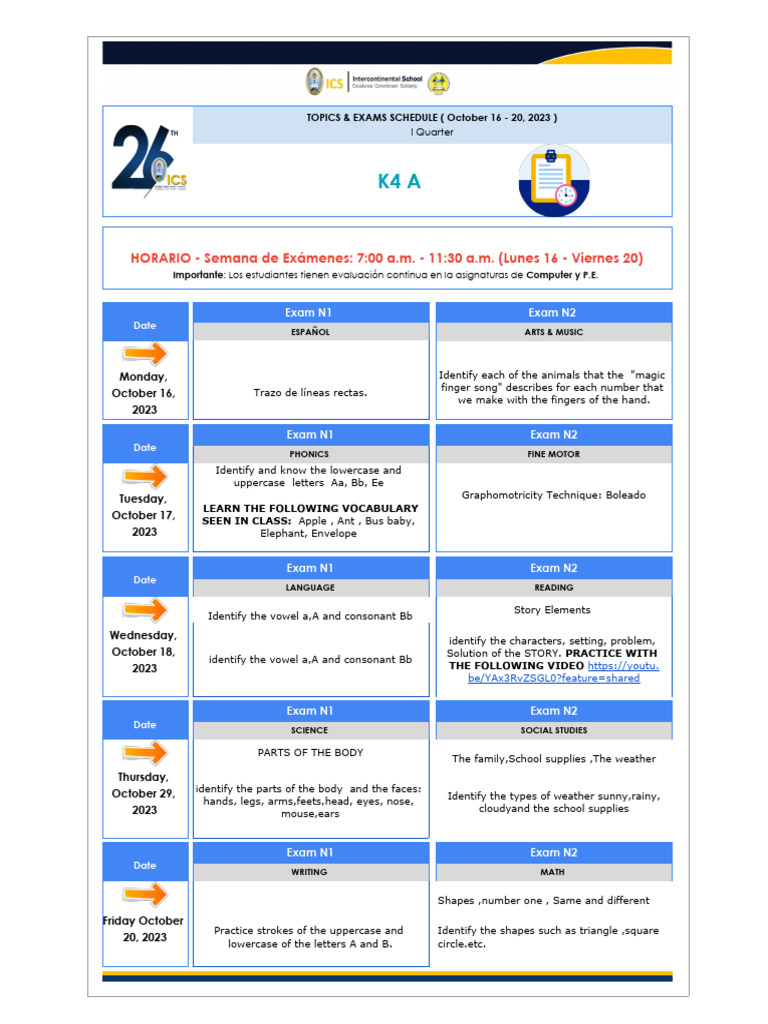 Preschool - Exams - K4 A - T&E Schedule | PDF | Writing | Human ...