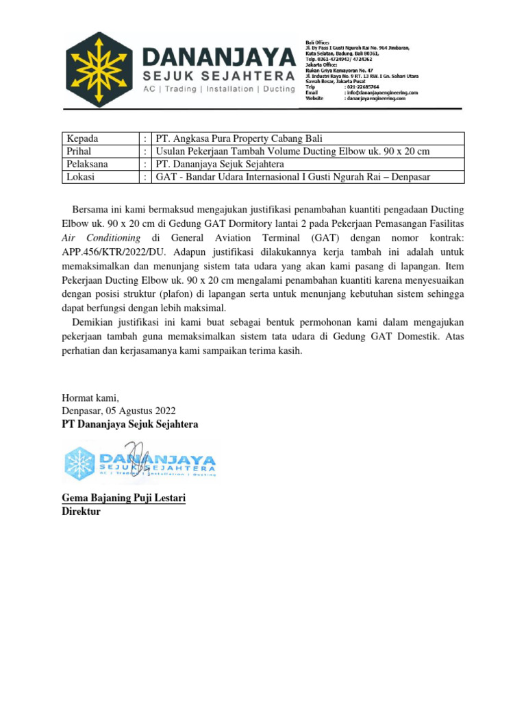 Justifikasi Kerja Tambah Ducting Lt. 2 Dormitory | PDF | Teknologi & Rekayasa