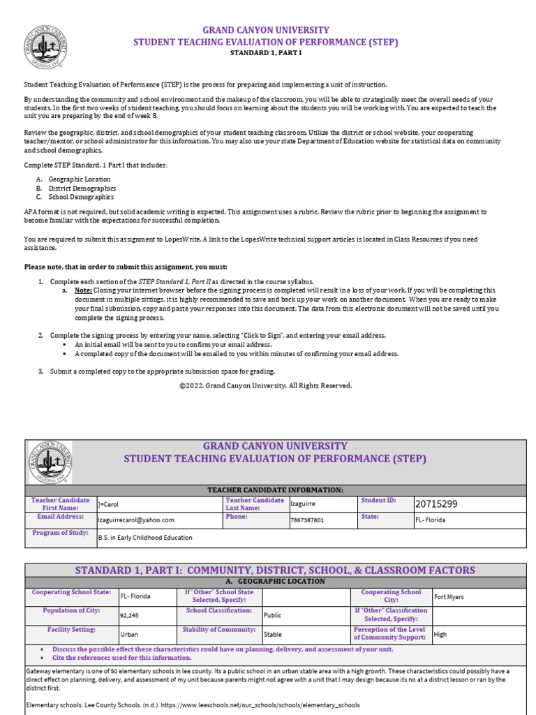 Gcu Student Teaching Evaluation of Performance Step Standard 1 Part I 1 | PDF | Rubric (Academic ...