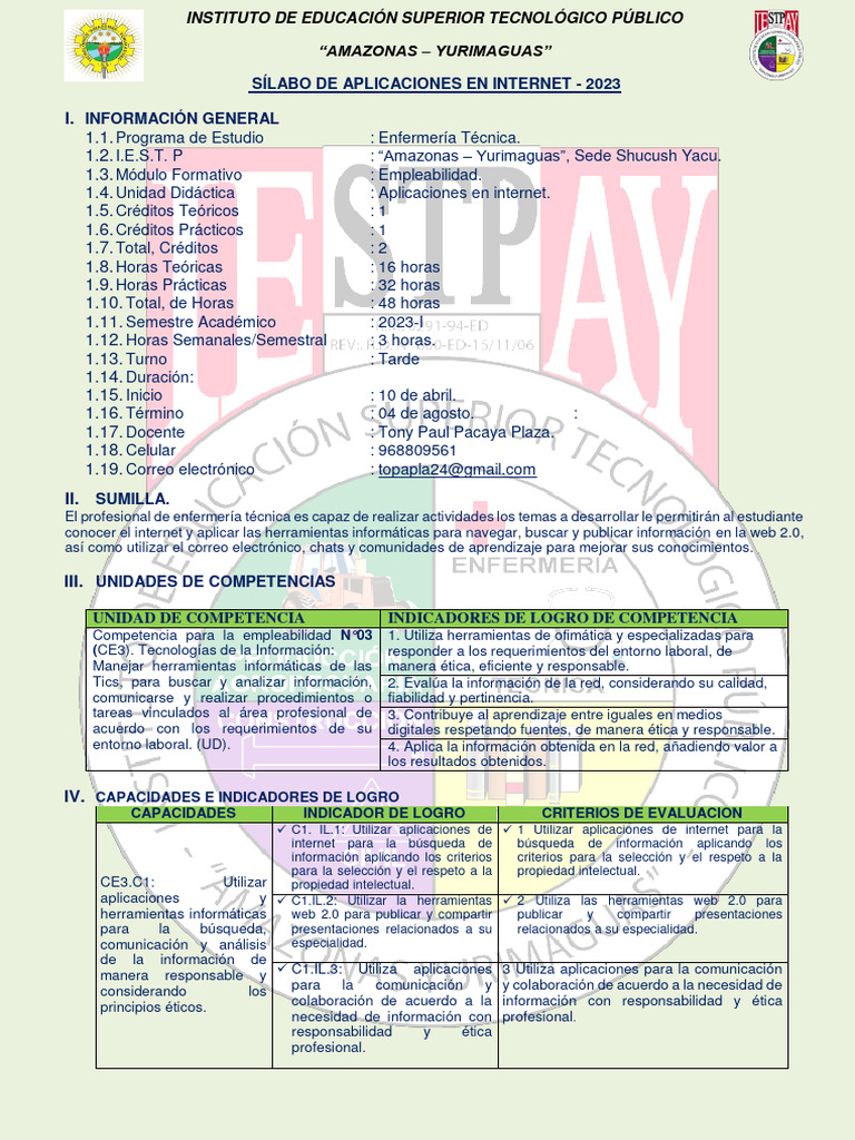 3. SÍLABO APLICACIONES EN INTERNET 2023 Enfermería Técnica (1) | PDF | Evaluación | Internet
