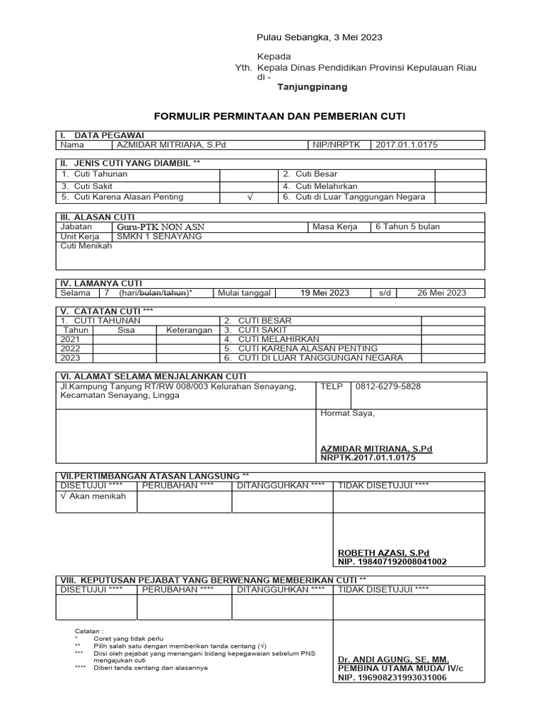 Format Cuti (2023) | PDF