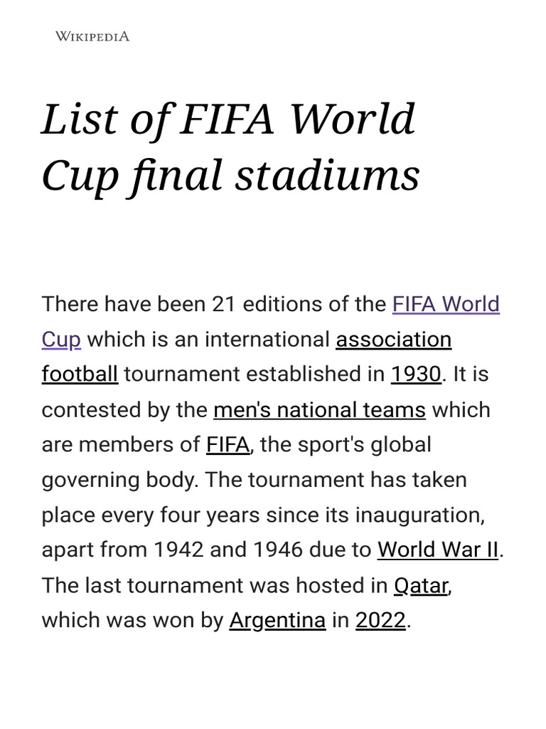 List of FIFA World Cup Final Stadiums - Wikipedia | PDF | Tournament ...