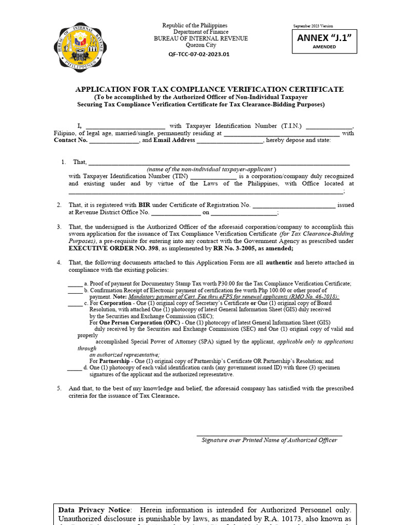 Application For Tax Compliance Verification Certificate Non-Individual Taxpayers | Download Free ...